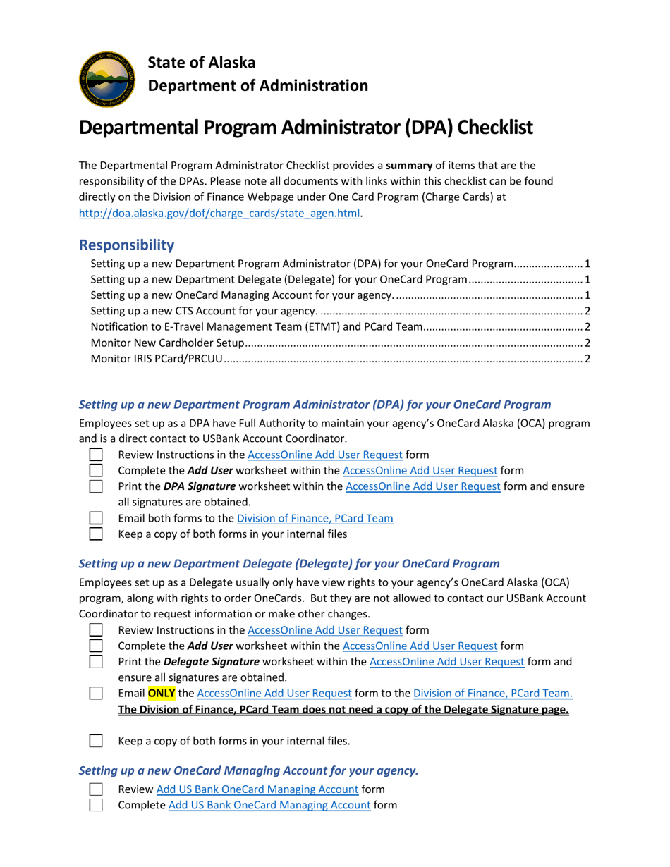 Alaska Departmental Program Administrator (Dpa) Checklist - Fill Out ...