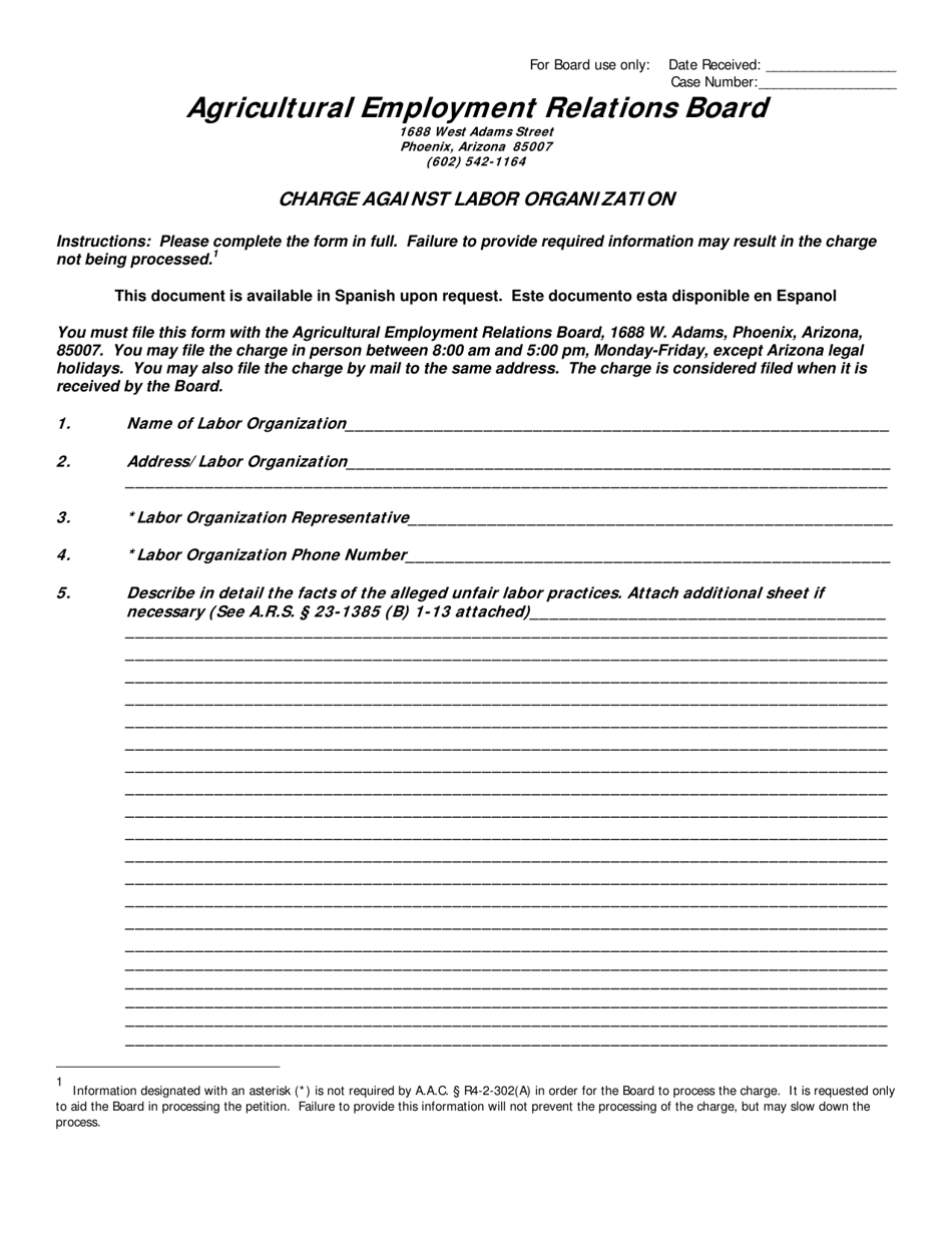 Arizona Charge Against Labor Organization - Fill Out, Sign Online and ...
