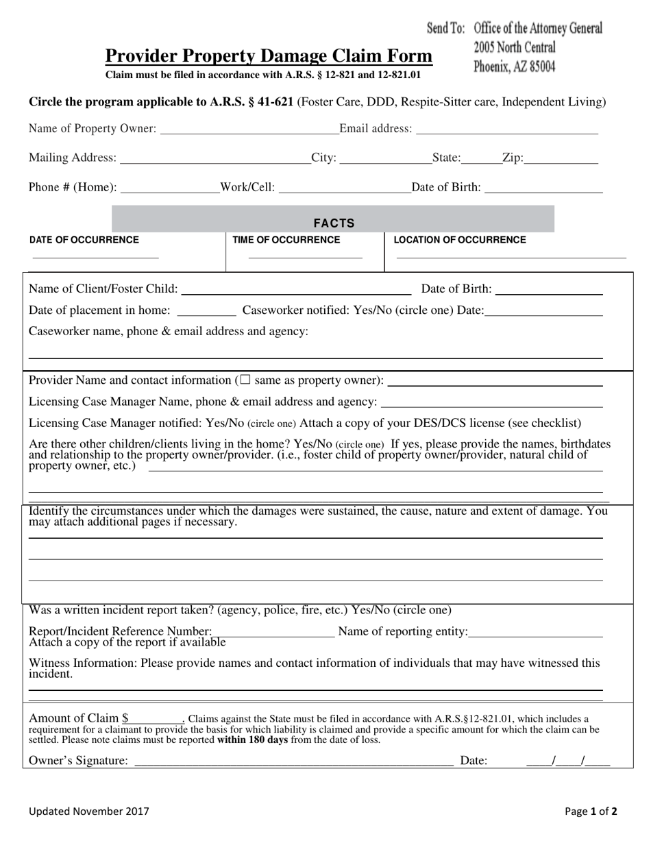 Arizona Provider Property Damage Claim Form Download Printable PDF ...