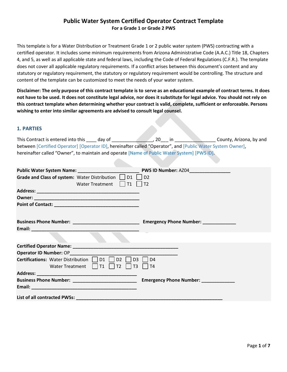 Arizona Public Water System Certified Operator Contract for a Grade 1 ...