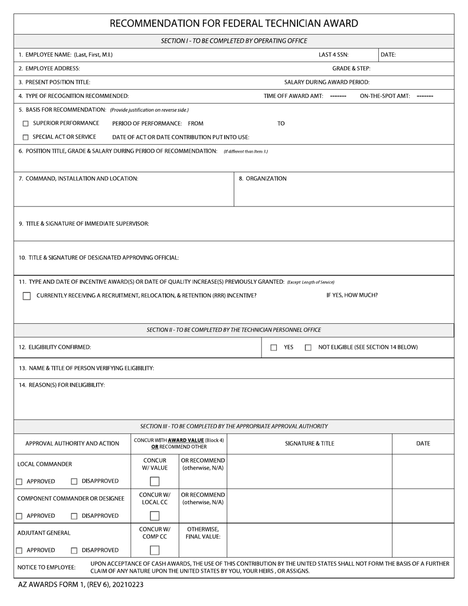 AZ AWARDS Form 1 - Fill Out, Sign Online and Download Fillable PDF ...