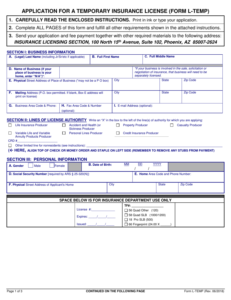 Form L-TEMP - Fill Out, Sign Online and Download Printable PDF, Arizona ...