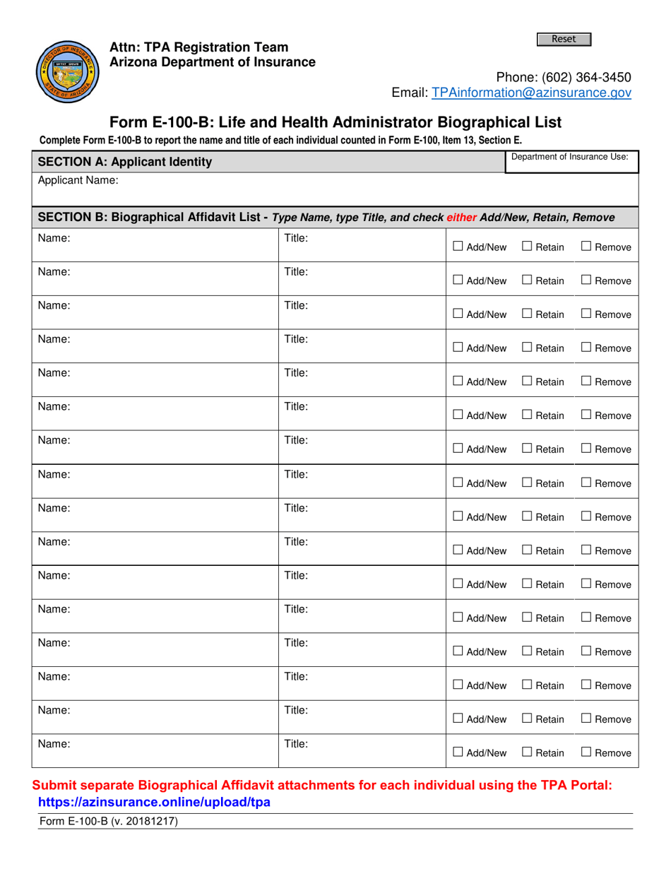 Form E-100-B - Fill Out, Sign Online and Download Fillable PDF, Arizona ...
