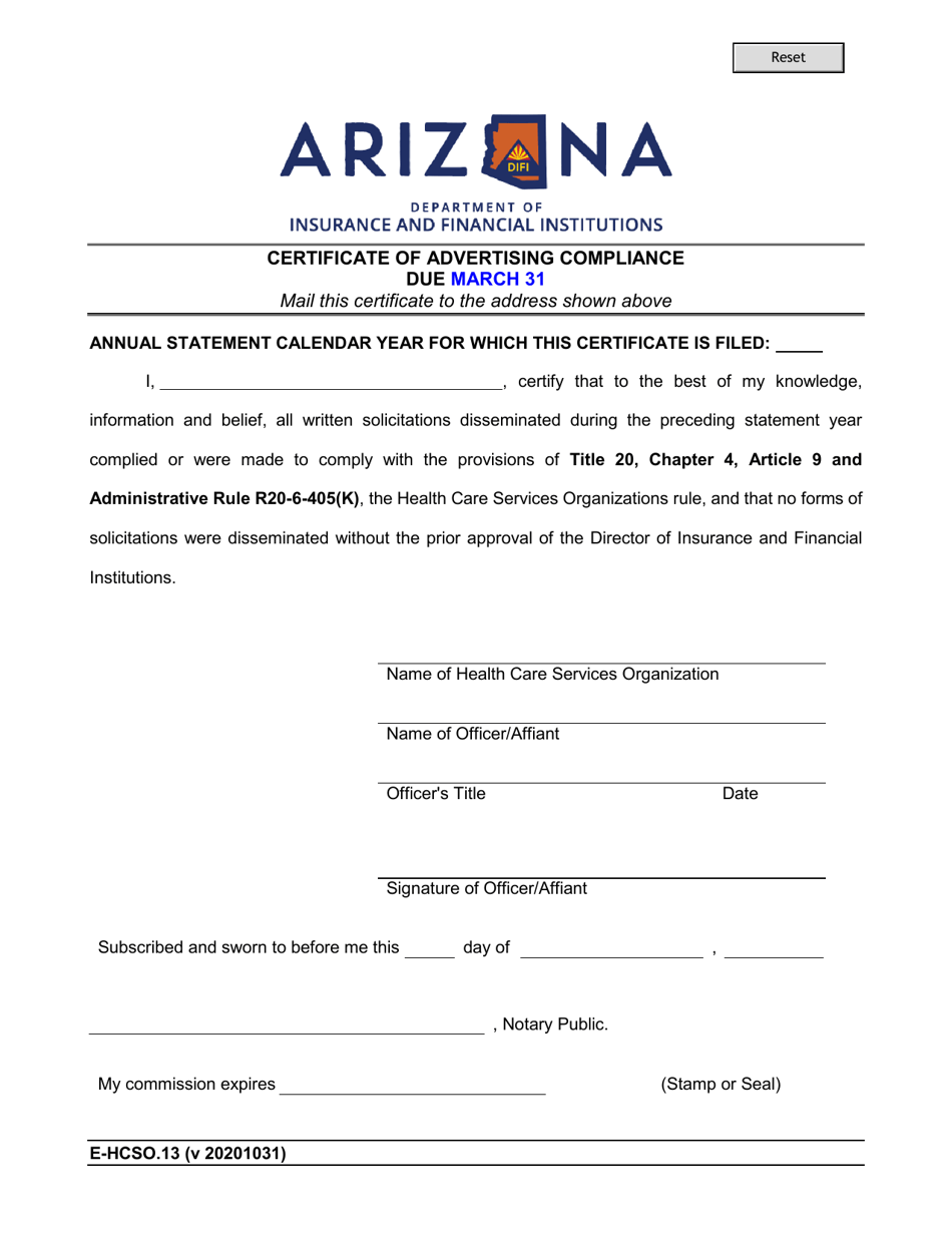 Form E-HCSO.13 - Fill Out, Sign Online and Download Fillable PDF ...
