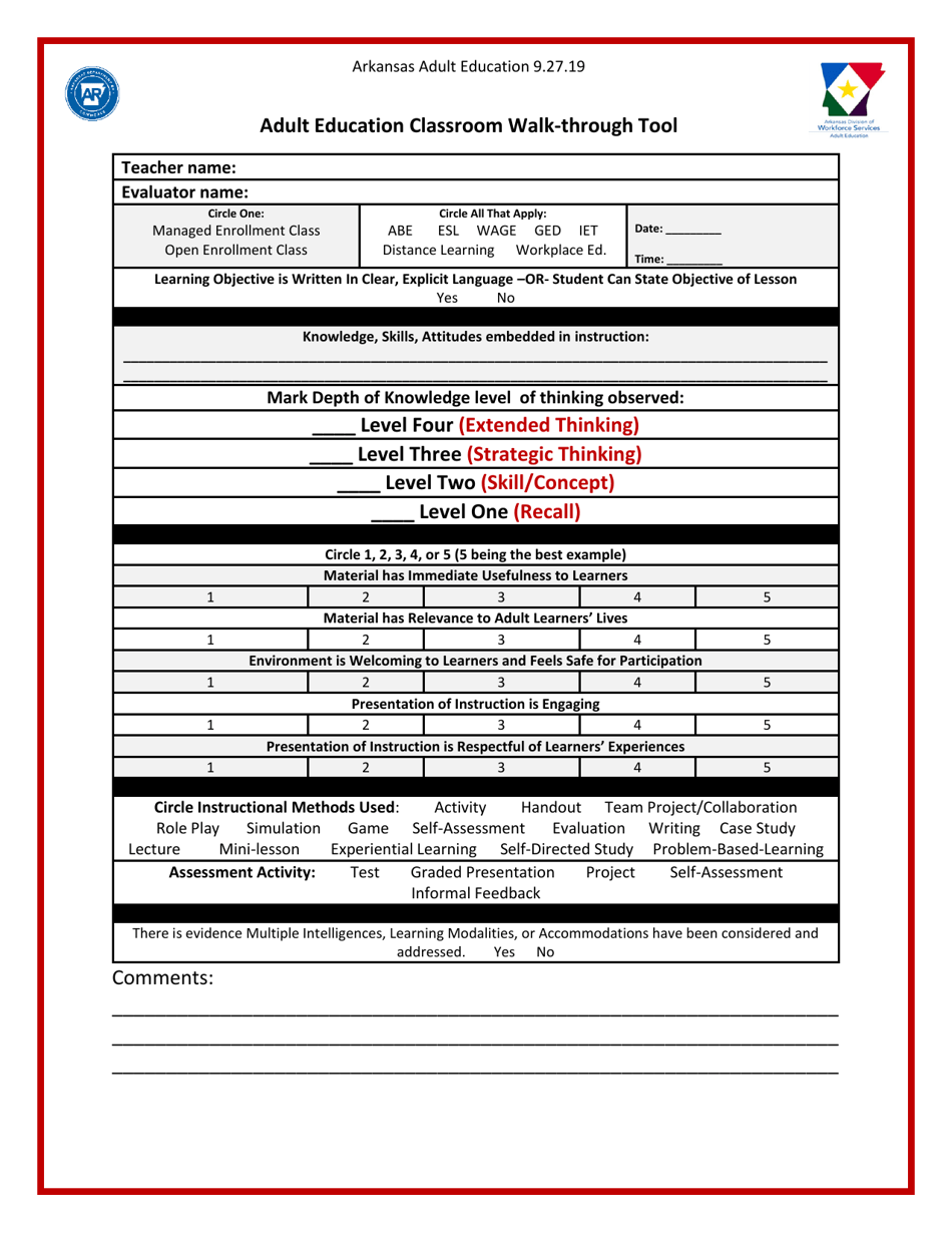 Arkansas Adult Education Classroom Walk-Through Tool - Fill Out, Sign ...