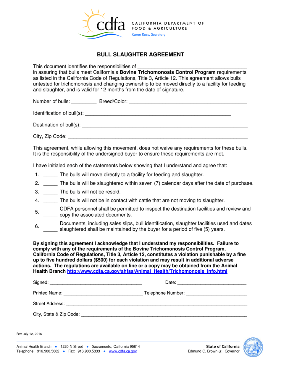California Bull Slaughter Agreement - Fill Out, Sign Online and ...