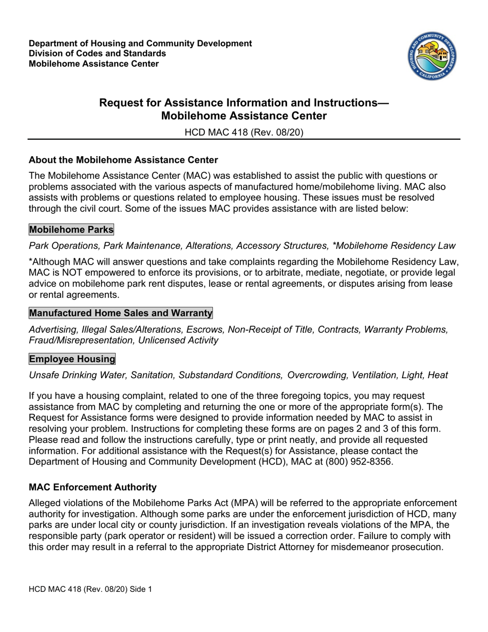 Download Instructions for Form HCD MAC419, HCD MAC420, HCD MAC421 PDF ...