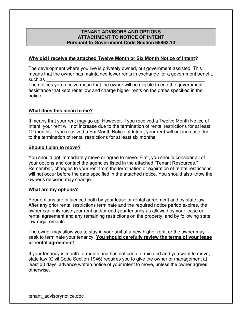 California Tenant Advisory and Options Attachment to Notice of Intent ...
