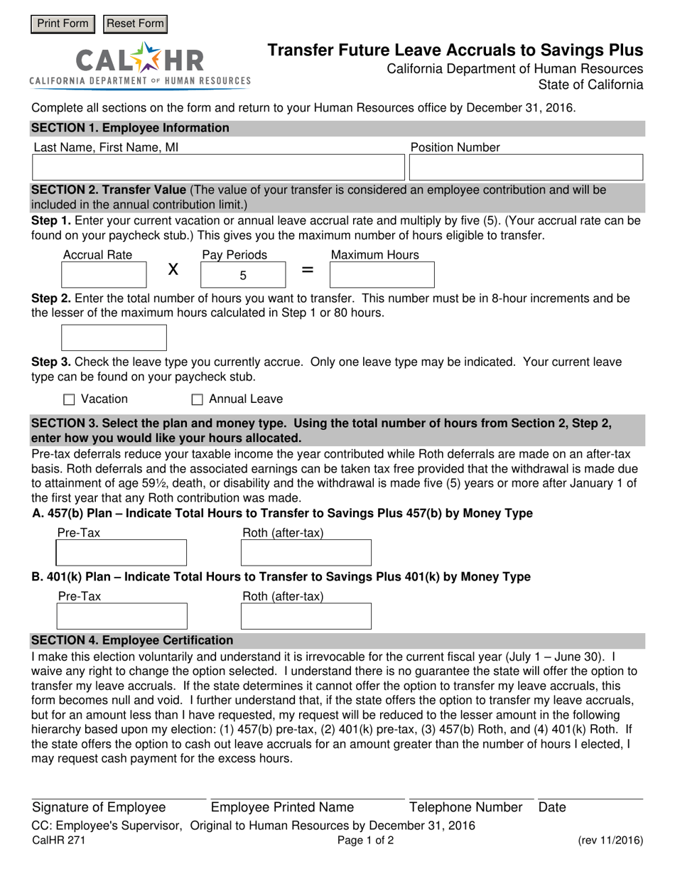 Form CALHR271 - Fill Out, Sign Online and Download Fillable PDF ...