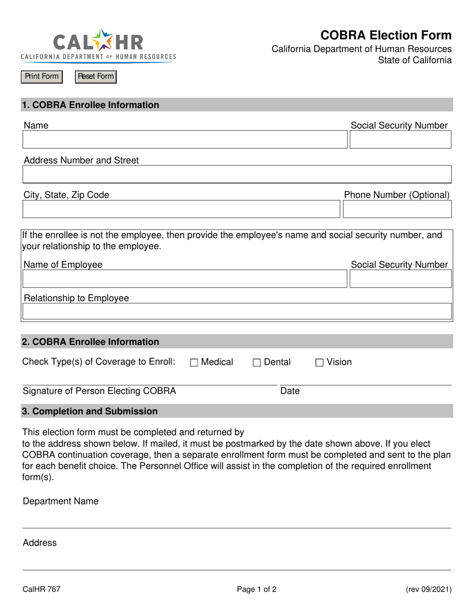 Form CALHR767 Download Fillable PDF or Fill Online Cobra Election Form ...