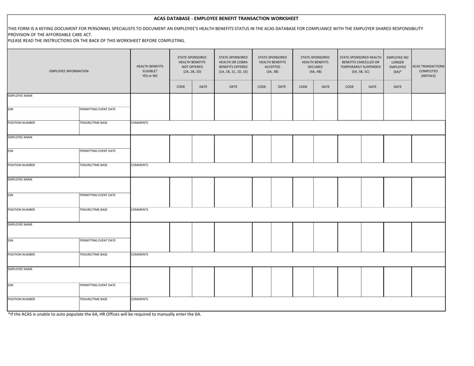 California Acas Database - Employee Benefit Transaction Worksheet for ...