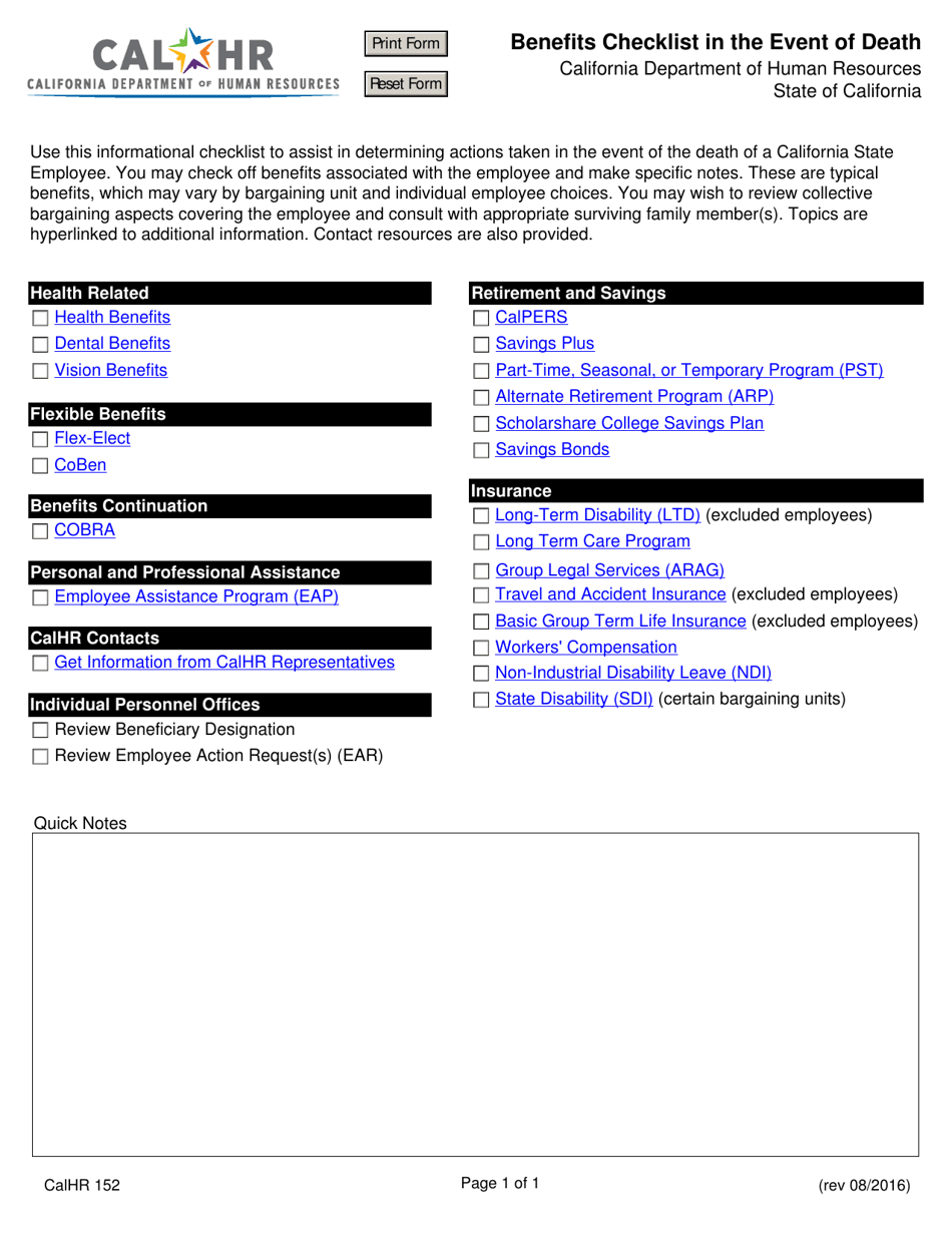 Form CALHR152 - Fill Out, Sign Online and Download Fillable PDF ...
