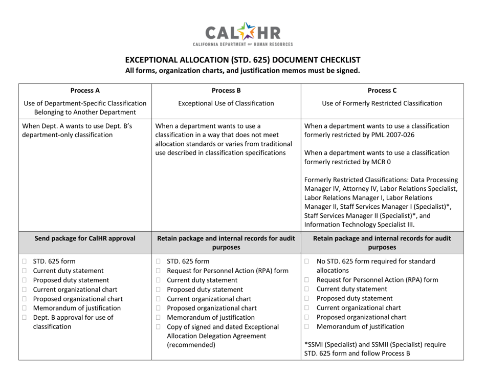 California Exceptional Allocation (Std. 625) Document Checklist - Fill ...