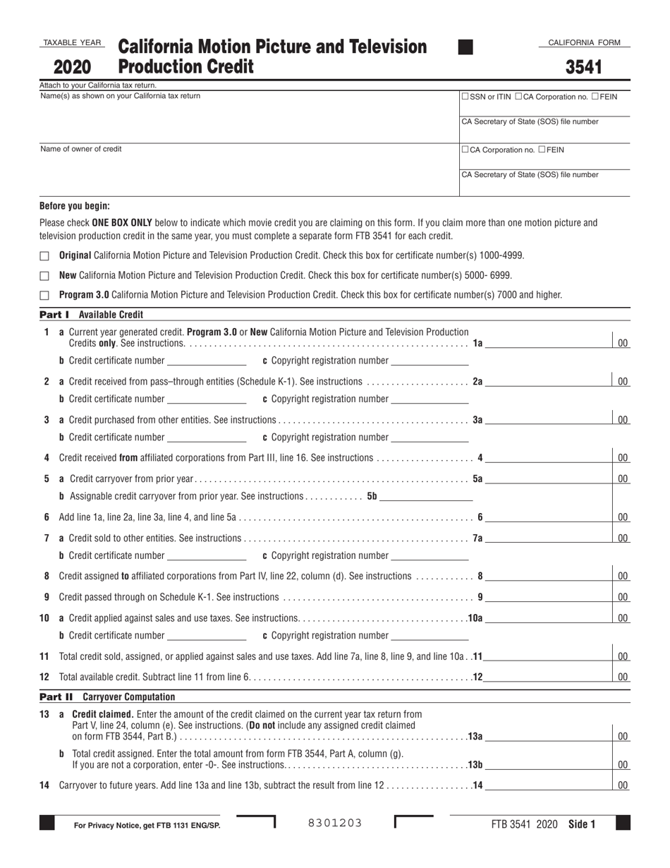 Form FTB3541 - 2020 - Fill Out, Sign Online and Download Fillable PDF ...