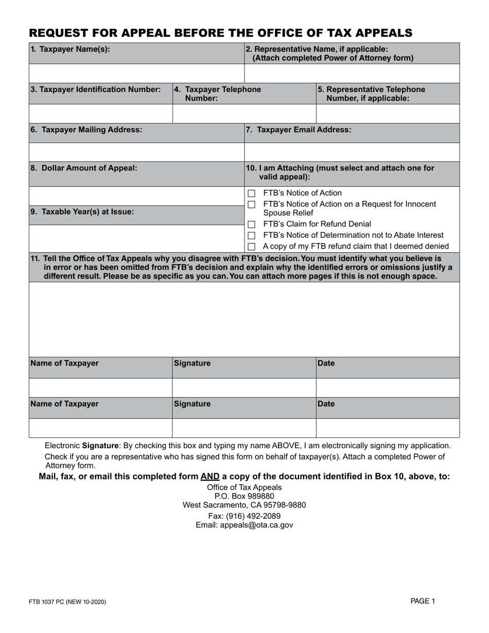Form FTB1037 - Fill Out, Sign Online and Download Fillable PDF ...