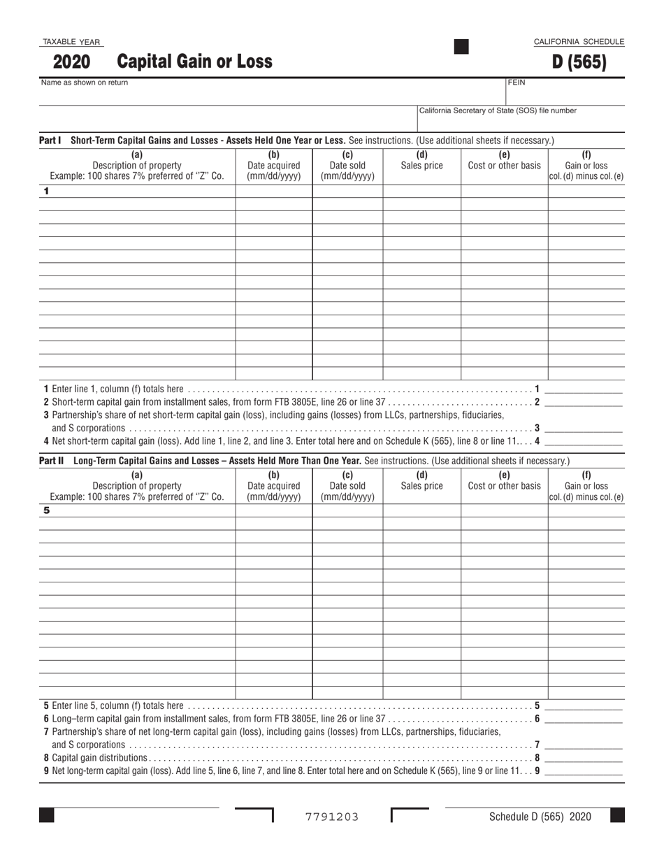 Form 565 Schedule D - 2020 - Fill Out, Sign Online and Download ...