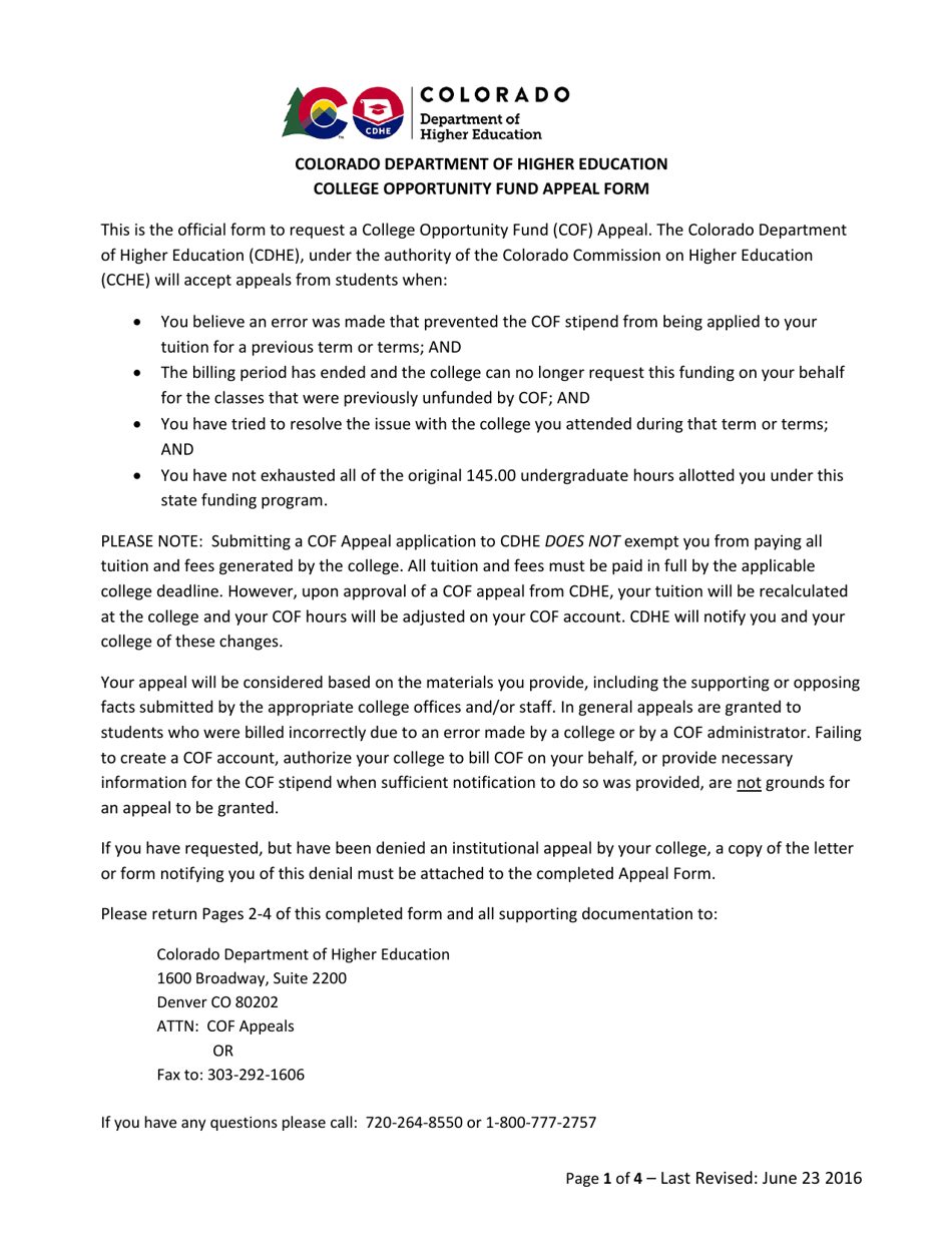 Colorado Dhe College Opportunity Fund (Cof) Appeal Form - Fill Out ...