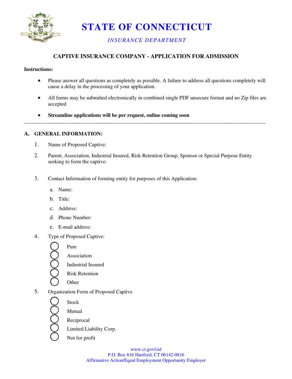 Connecticut Captive Insurance Company - Application for Admission Download Fillable PDF 2014 ...