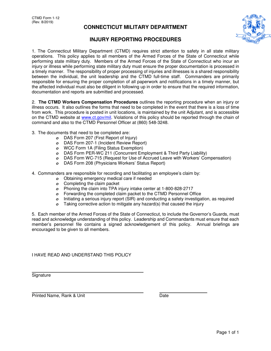 CTMD Form 1-12 Download Fillable PDF or Fill Online Injury Reporting Procedures, Connecticut ...