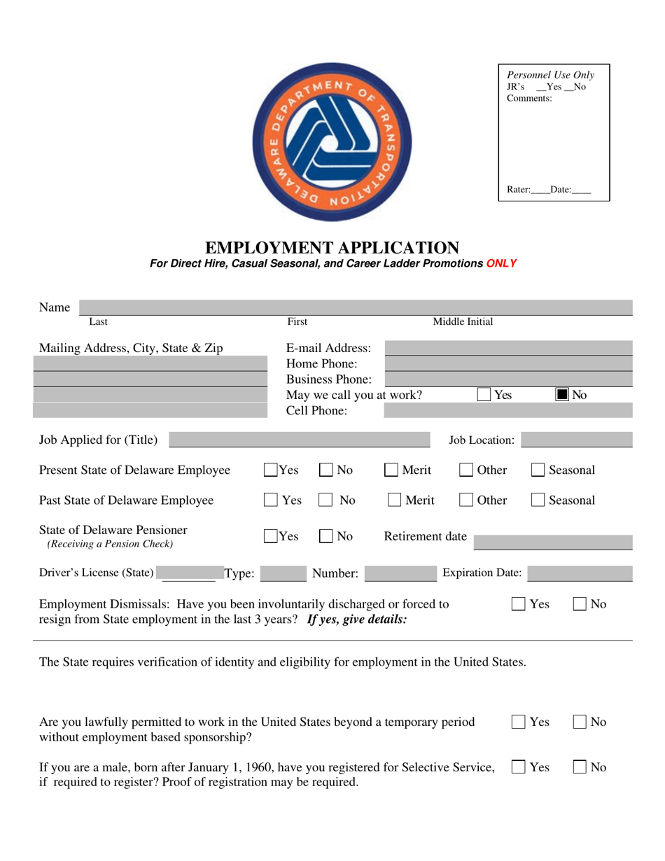 Delaware Employment Application for Direct Hire, Casual Seasonal, and ...