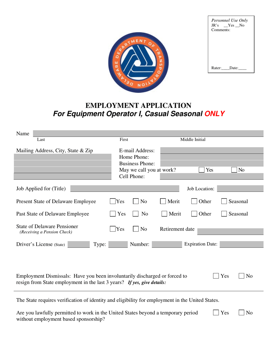 Delaware Employment Application for Equipment Operator I, Casual ...