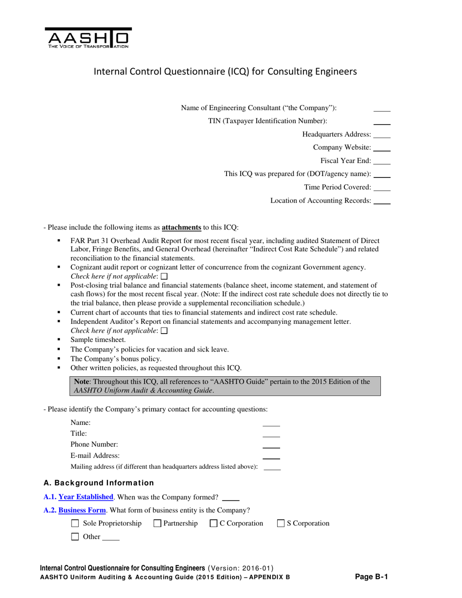 Delaware Internal Control Questionnaire (Icq) for Consulting Engineers ...