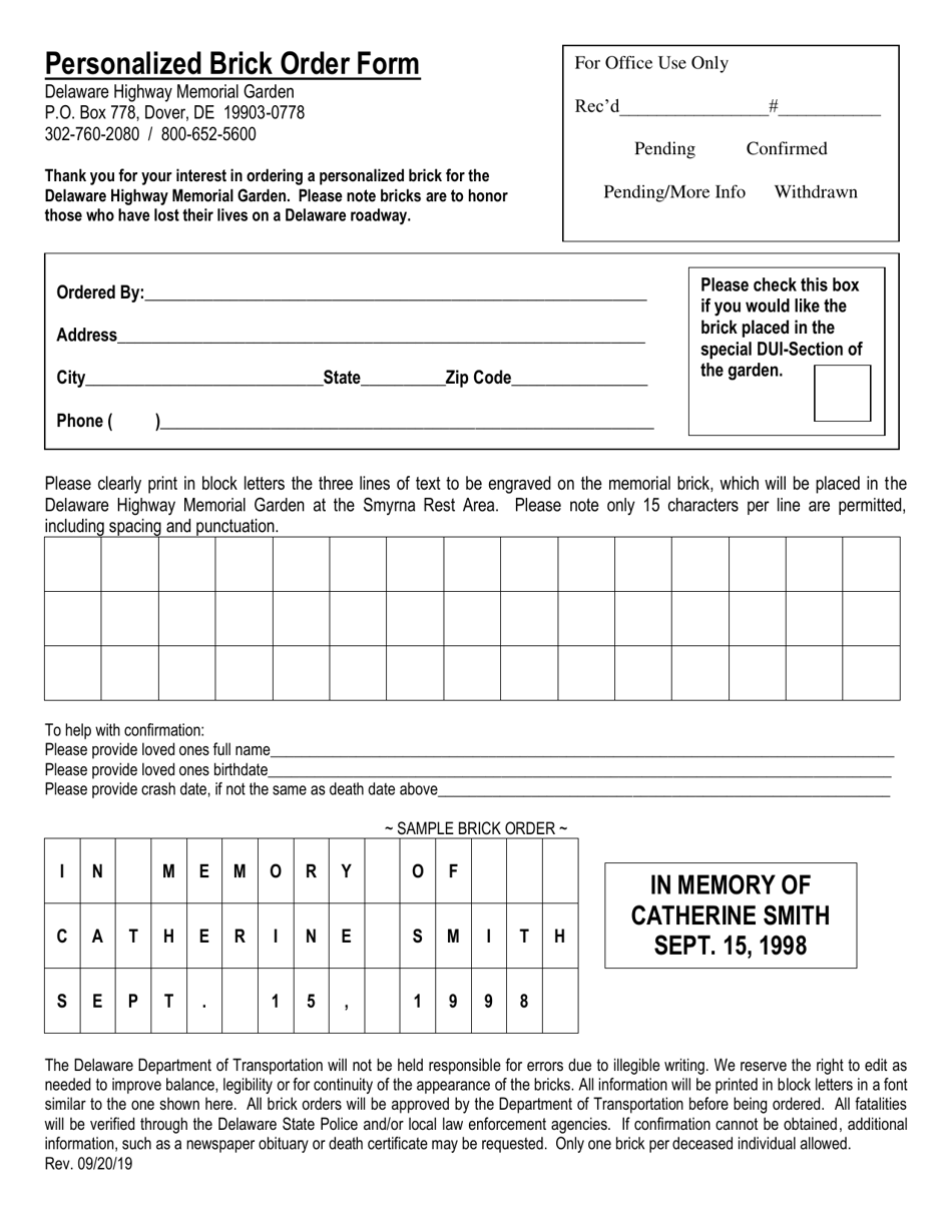 Delaware Personalized Brick Order Form - Delaware Highway Memorial ...