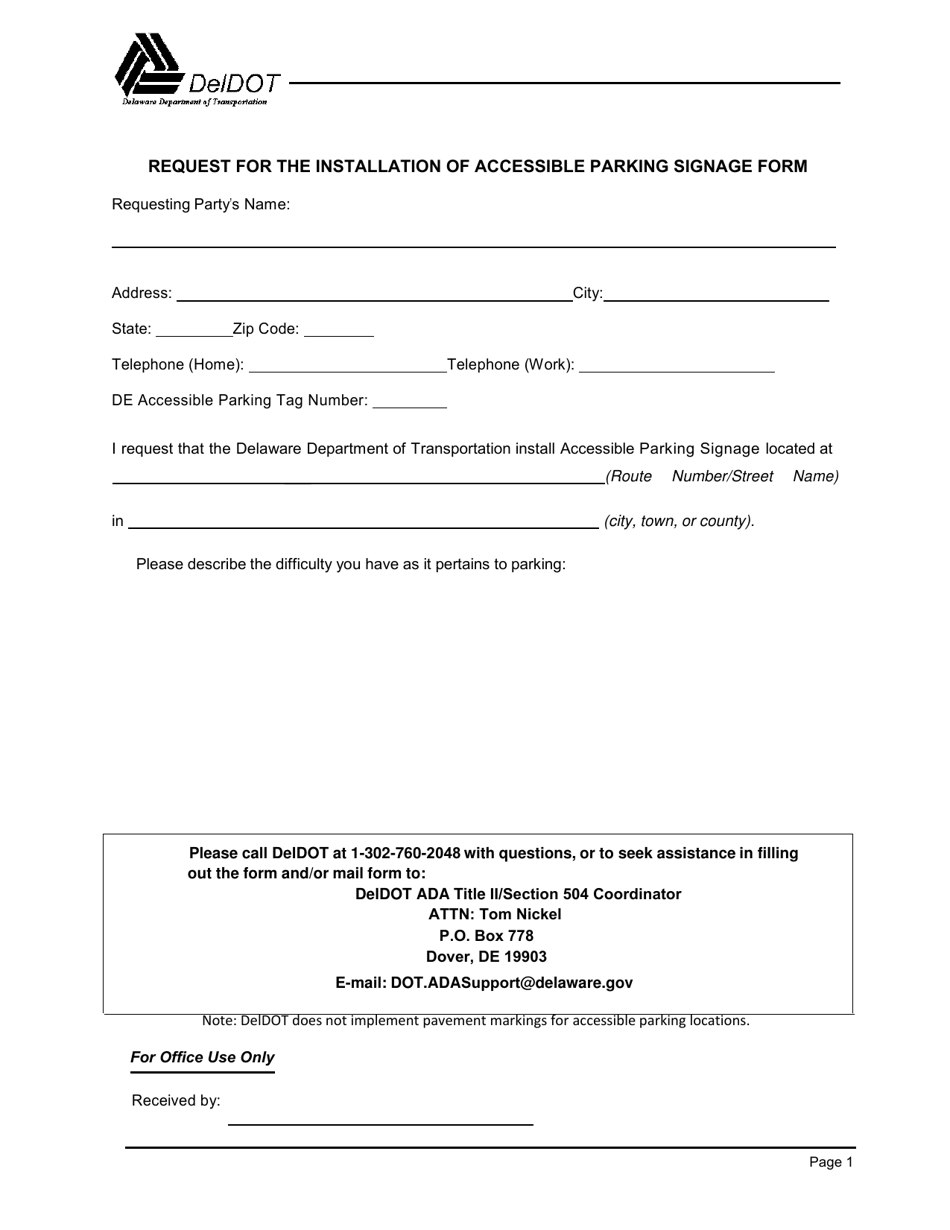 Delaware Request for the Installation of Accessible Parking Signage ...