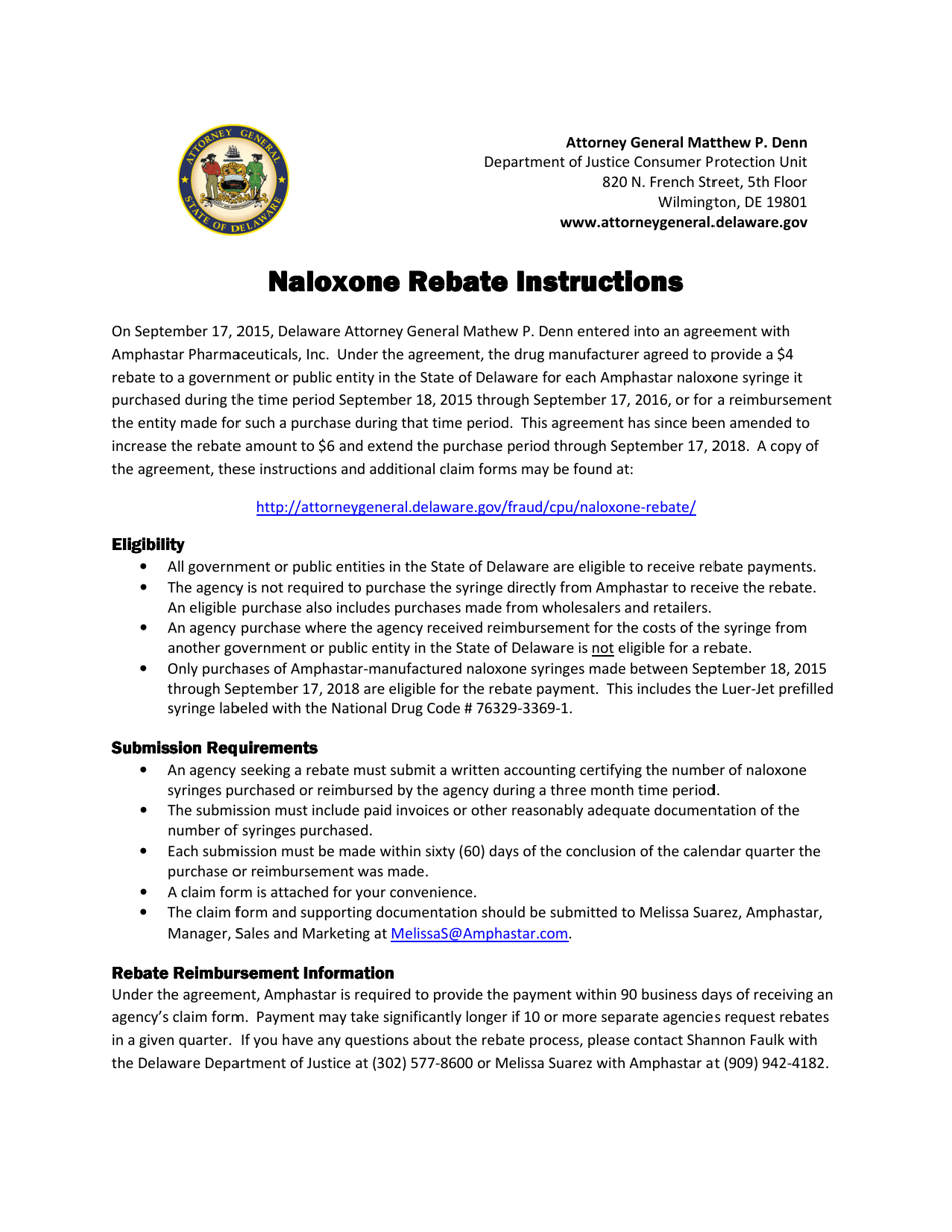 Delaware Naloxone Rebate Request Form for Government or Public Entities ...
