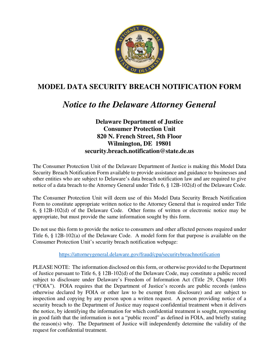 Delaware Security Breach Notification Form - Fill Out, Sign Online and ...