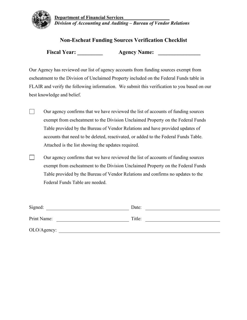 Florida Non-escheat Funding Sources Verification Checklist - Fill Out ...