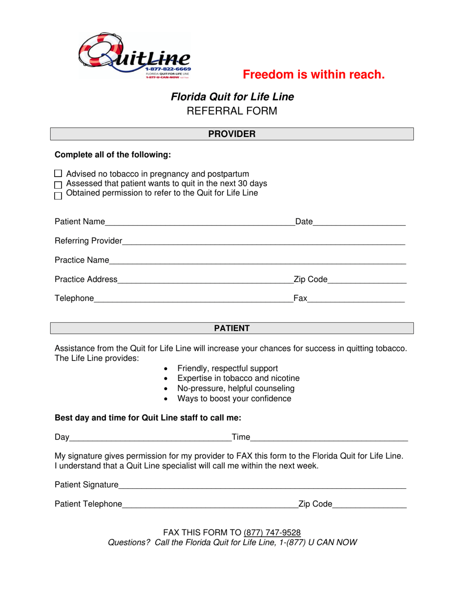 Florida Florida Quit for Life Line Referral Form - Fill Out, Sign ...