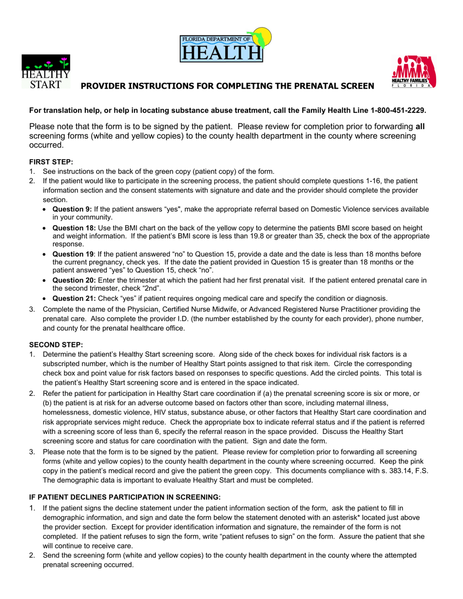 Florida Provider Instructions for Completing the Prenatal Screen - Fill ...