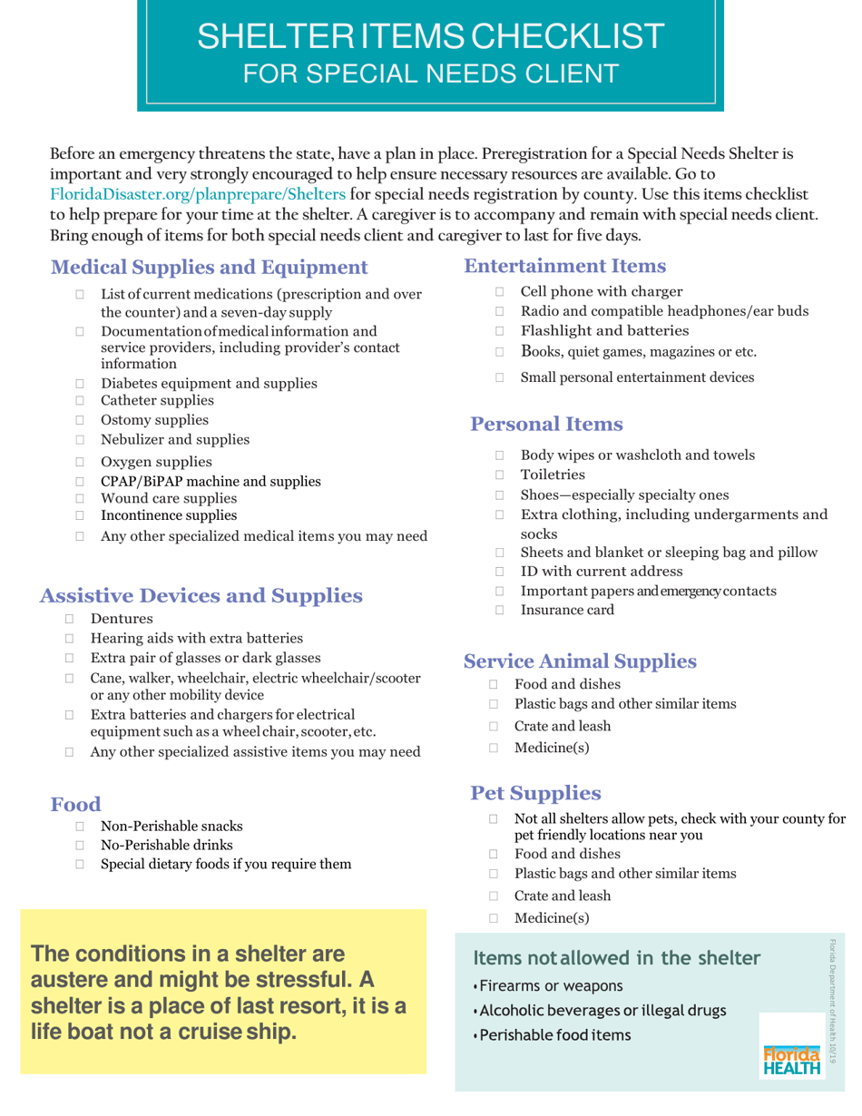 Florida Shelter Items Checklist for Special Needs Client - Fill Out ...