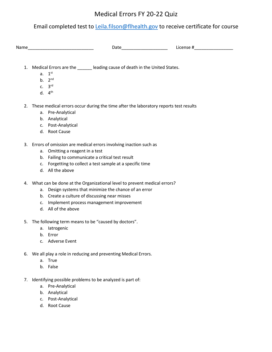 2022 Florida Medical Errors Quiz - Fill Out, Sign Online and Download PDF | Templateroller