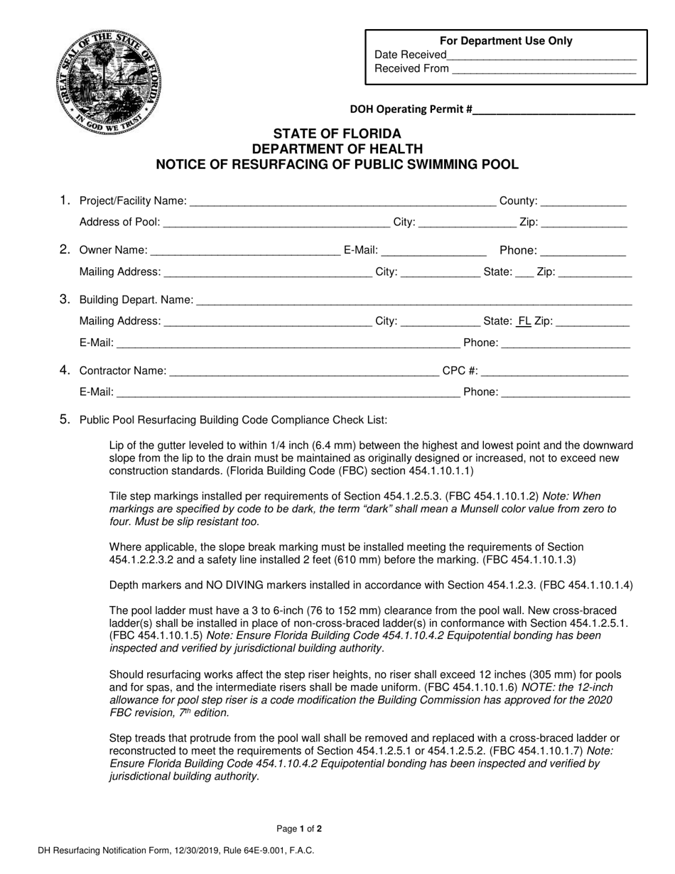 Florida Notice of Resurfacing of Public Swimming Pool - Fill Out, Sign ...