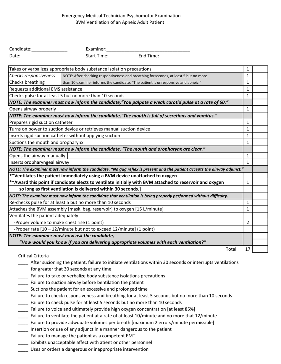 Arkansas Emergency Medical Technician Psychomotor Examination - Bvm ...