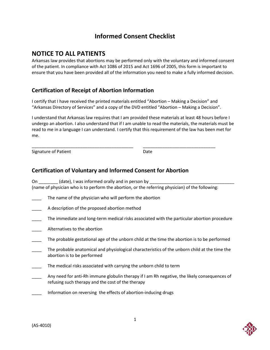 Form AS-4010 Download Printable PDF or Fill Online Informed Consent Checklist, Arkansas ...