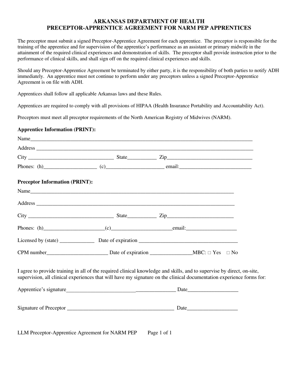 Arkansas Preceptor-Apprentice Agreement for Narm Pep Apprentices - Fill ...