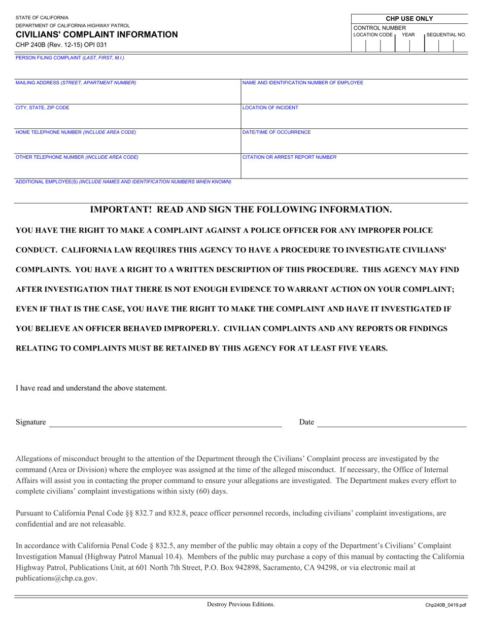 Form CHP240B - Fill Out, Sign Online and Download Fillable PDF ...