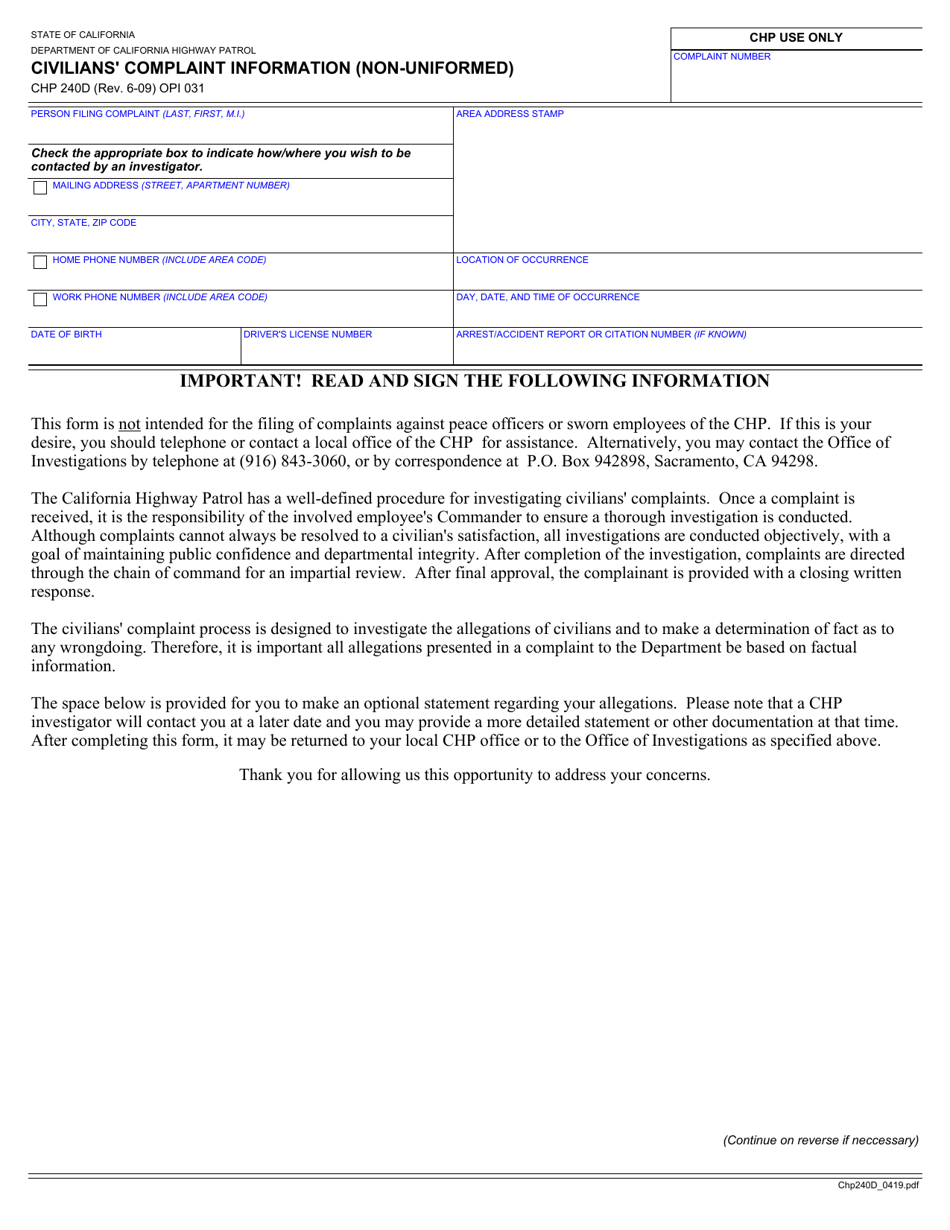 Form CHP240D - Fill Out, Sign Online and Download Fillable PDF ...