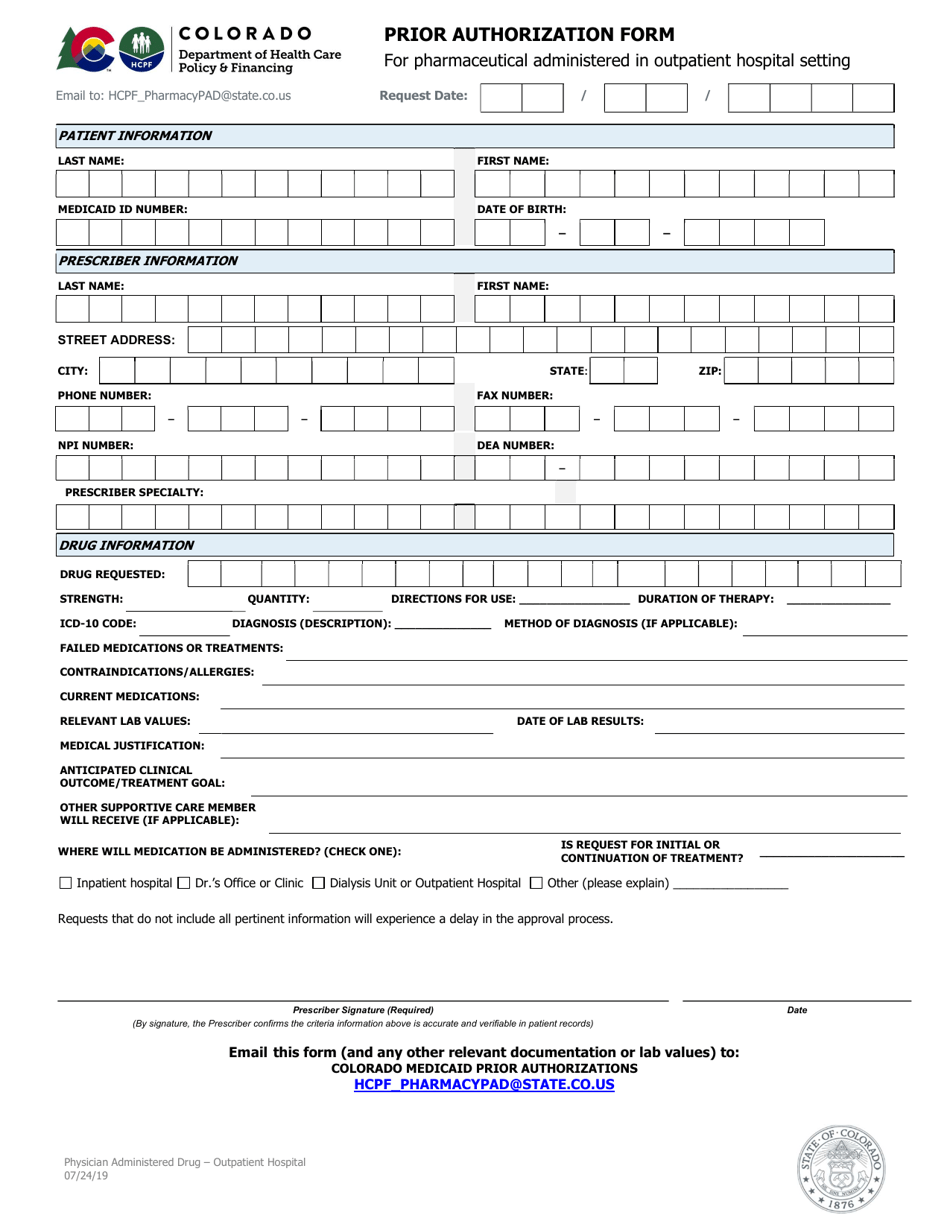 Colorado Prior Authorization Form for Pharmaceutical Administered in ...