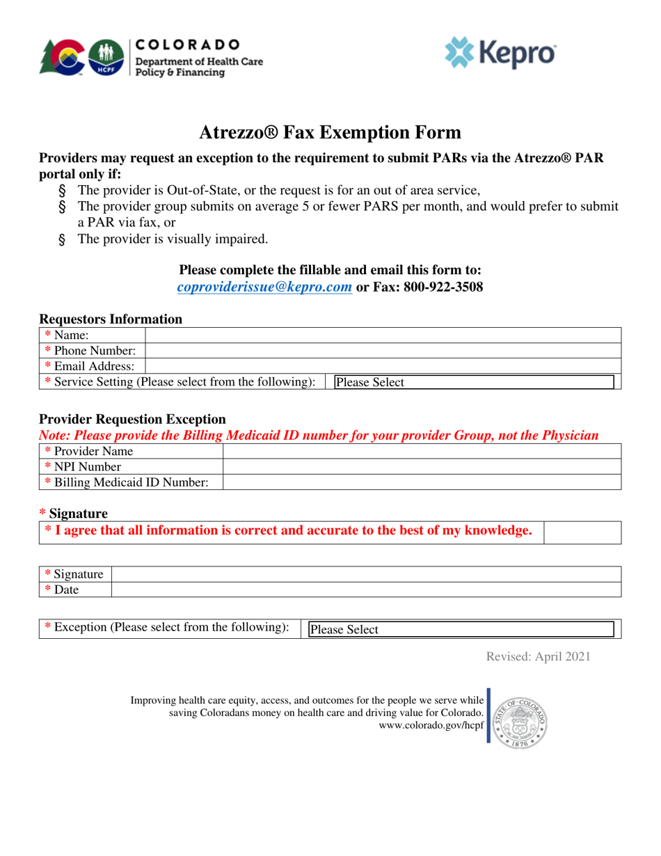 Colorado Atrezzo Fax Exemption Form - Fill Out, Sign Online and ...