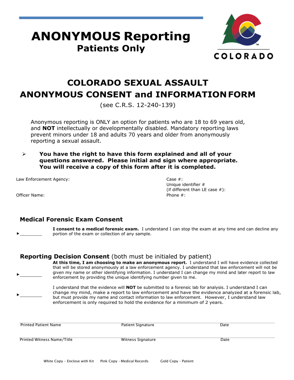 Colorado Colorado Sexual Assault Anonymous Consent and Information Form ...