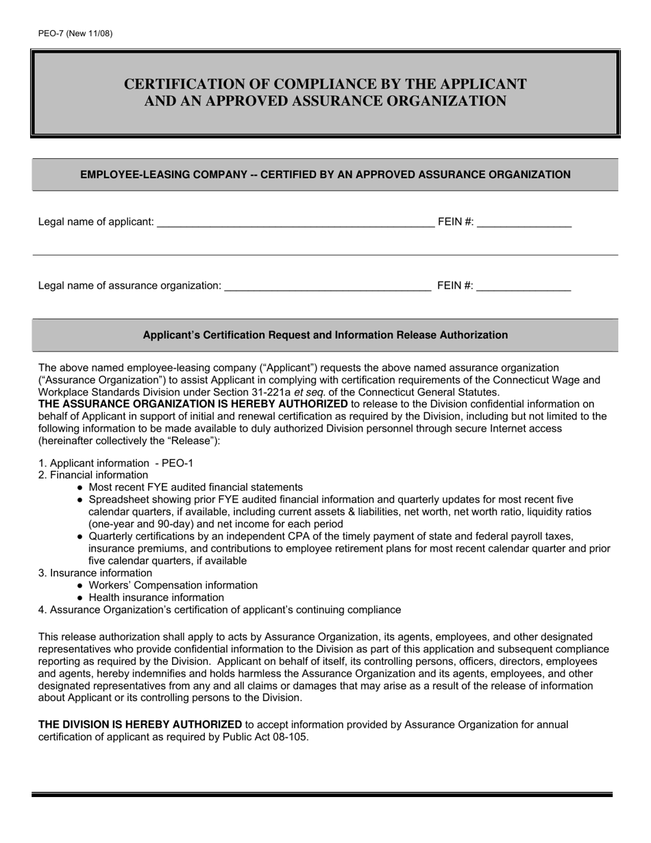 Form PEO-7 - Fill Out, Sign Online and Download Printable PDF ...