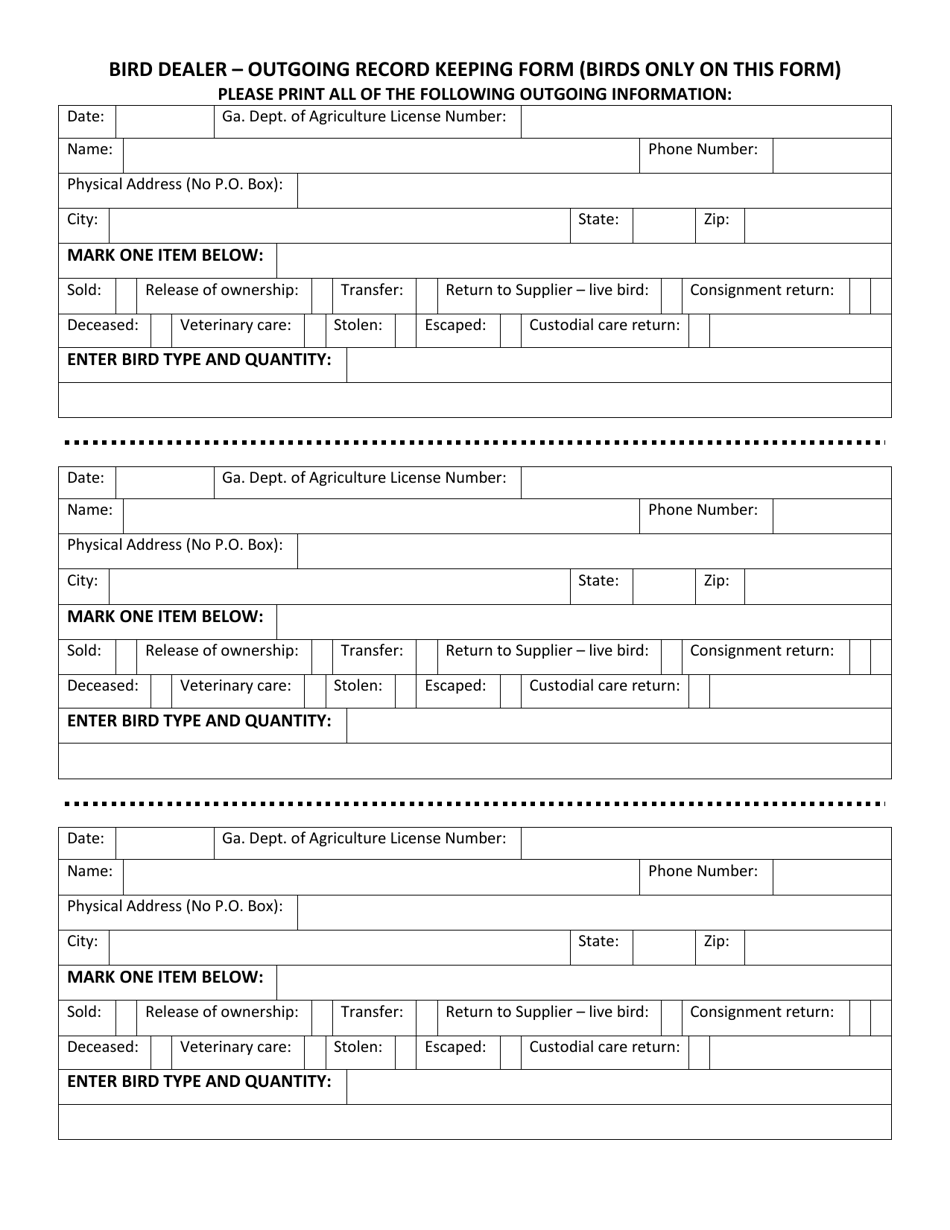 Georgia (United States) Bird Dealer - Outgoing Record Keeping Form ...