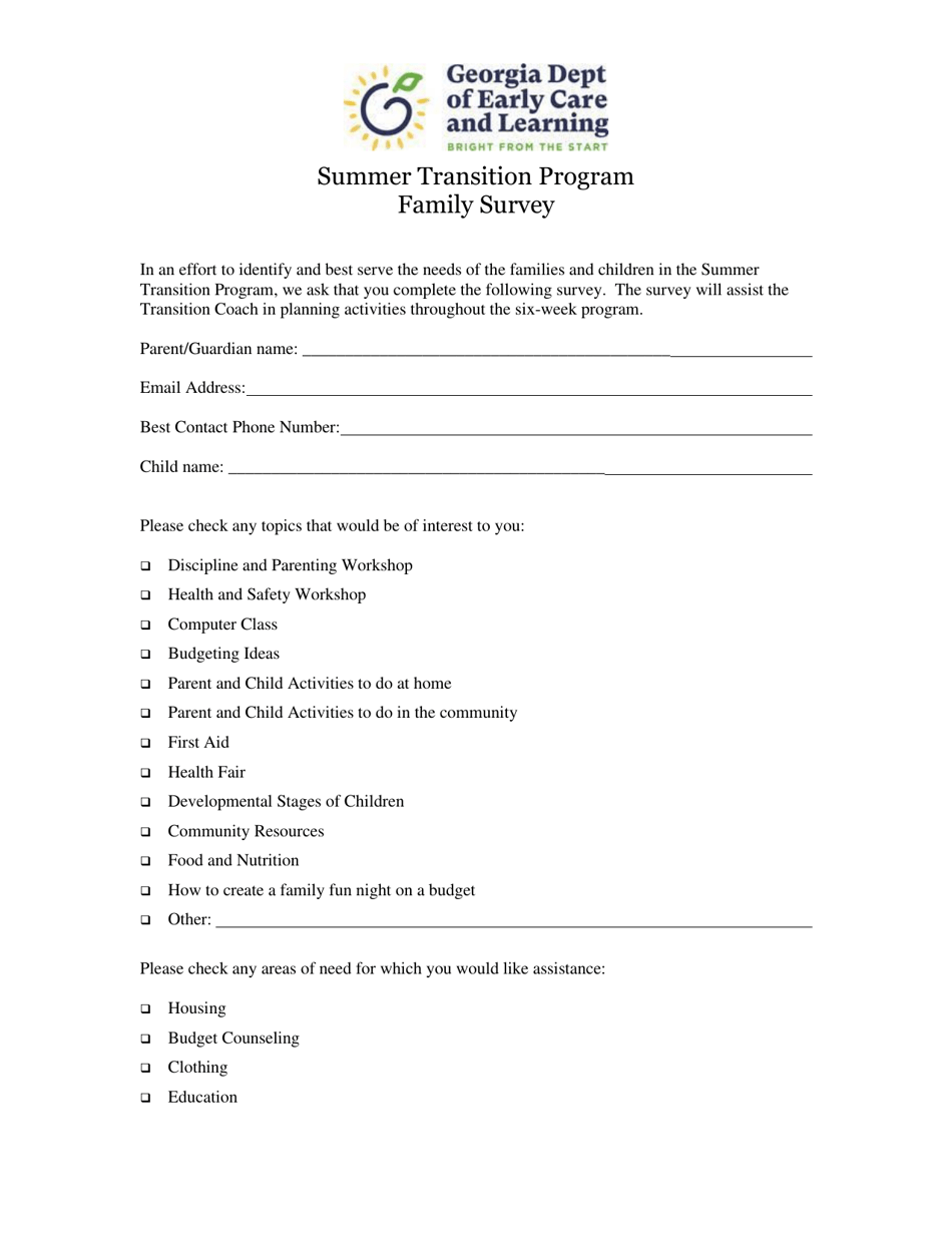Georgia (United States) Family Survey - Summer Transition Program ...