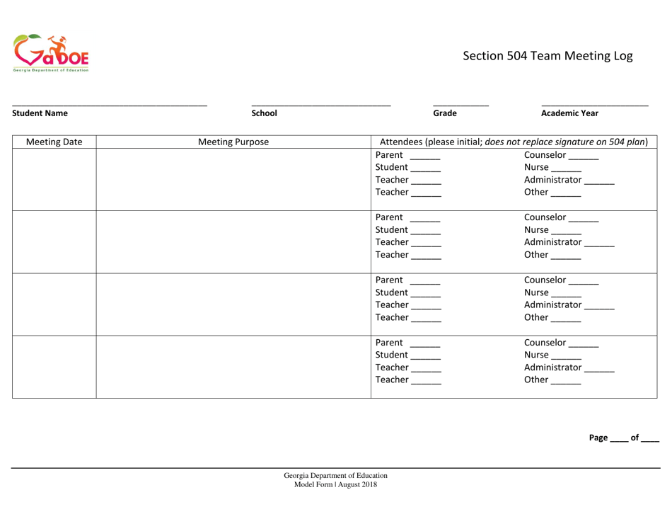 Georgia (United States) Section 504 Team Meeting Log - Fill Out, Sign ...