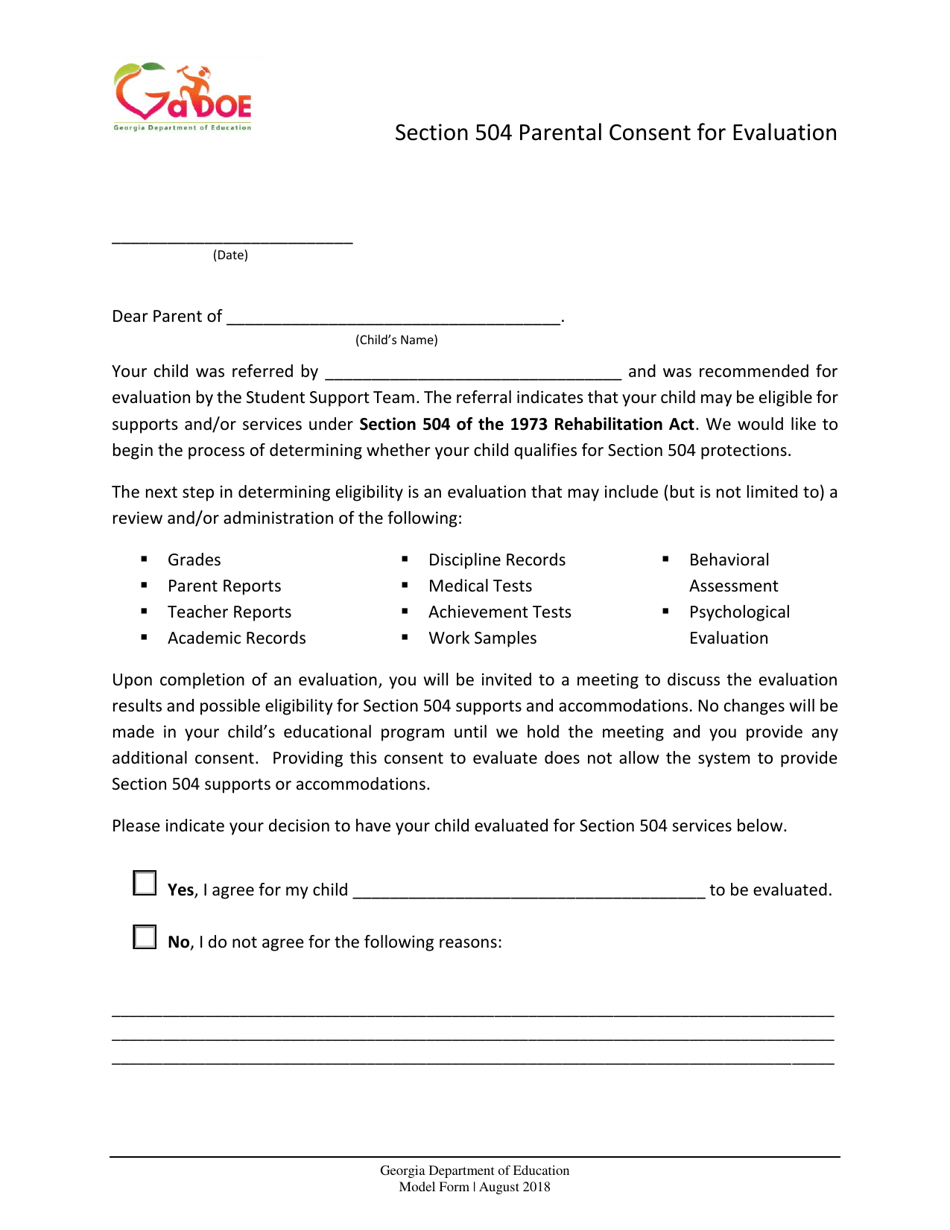 Georgia (United States) Section 504 Parental Consent for Evaluation ...