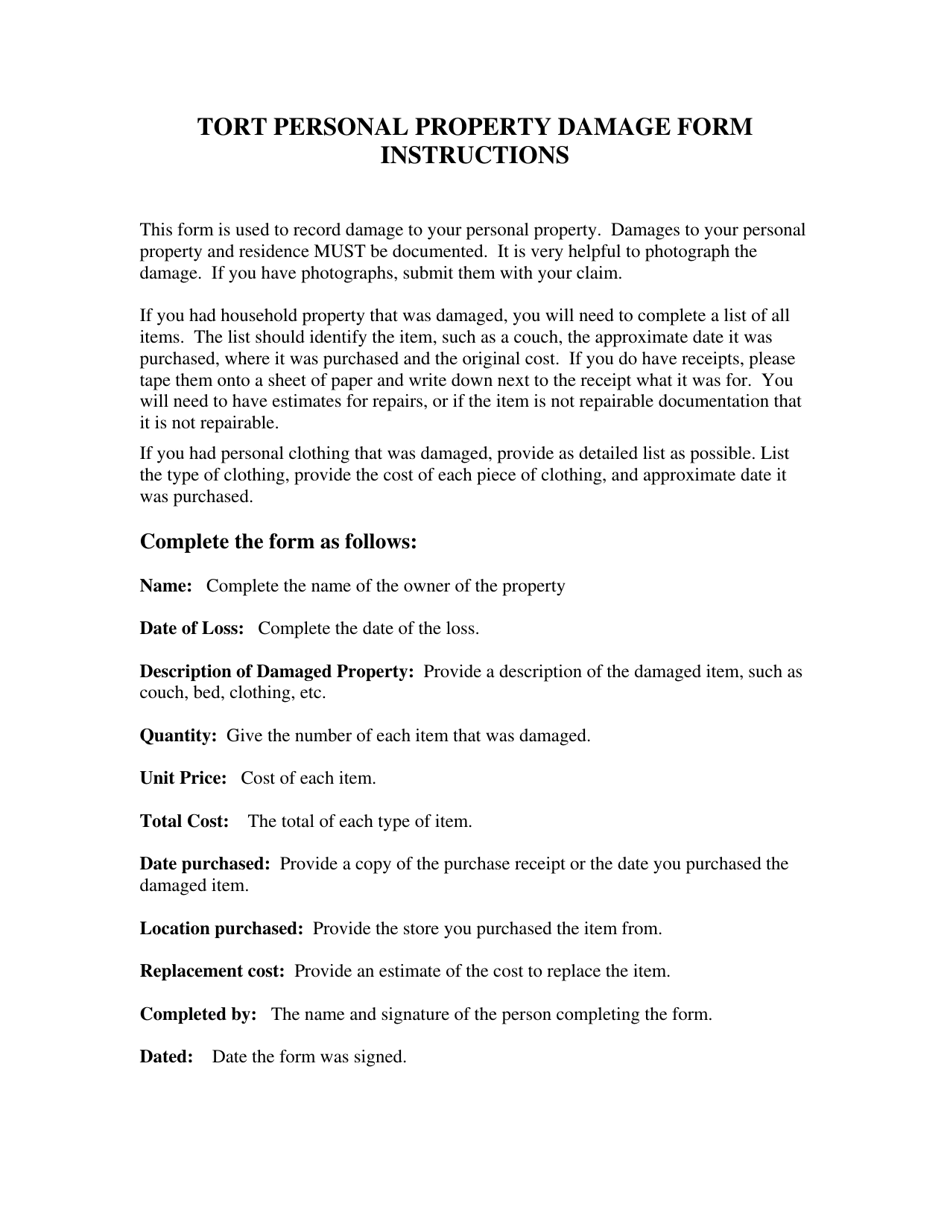Download Instructions for Tort Personal Property Form PDF | Templateroller